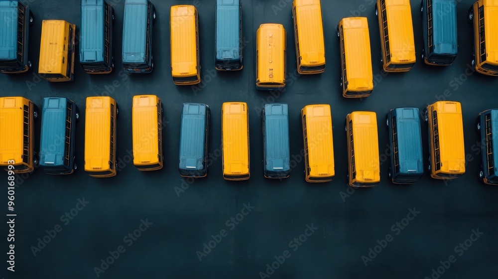 An overhead view of an orderly arrangement of yellow and blue school ...