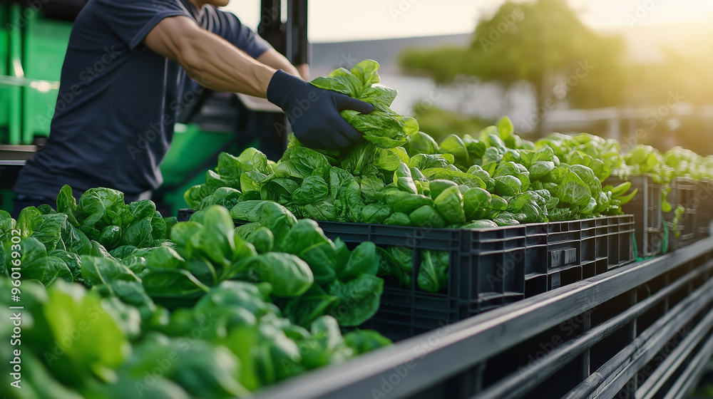 Crates of green leafy vegetables being loaded onto a modern cargo ...