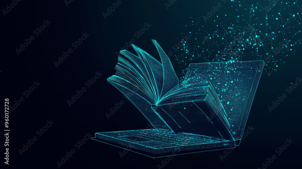 Book and screen. Low poly wireframe depiction against a blue backdrop ...
