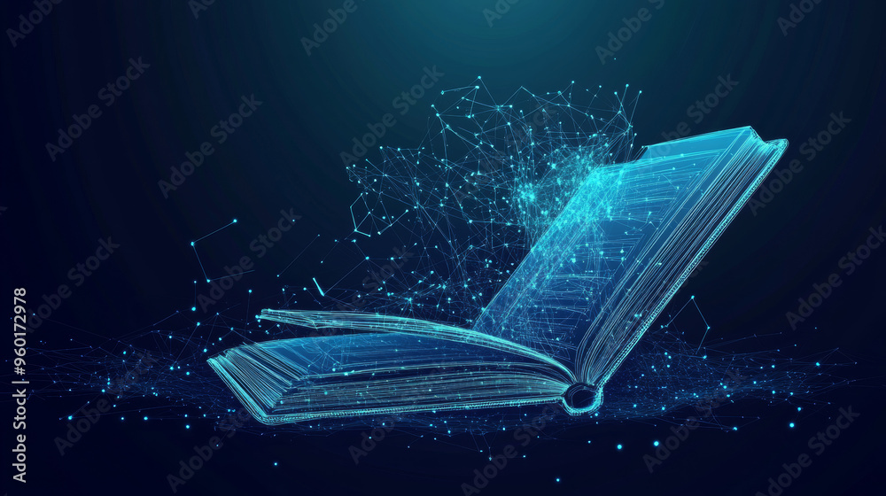Book and screen. Low poly wireframe depiction against a blue backdrop ...