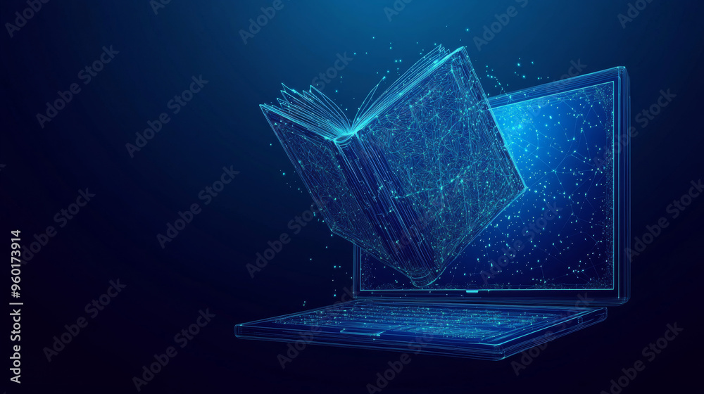 Book and screen. Low poly wireframe depiction against a blue backdrop ...