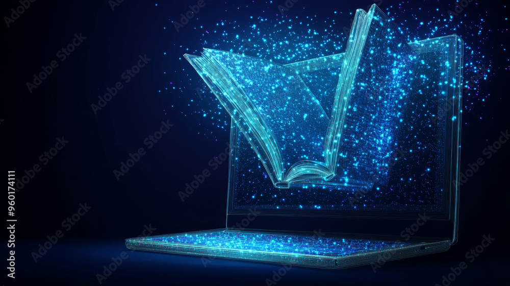 Book and screen. Low poly wireframe depiction against a blue backdrop ...
