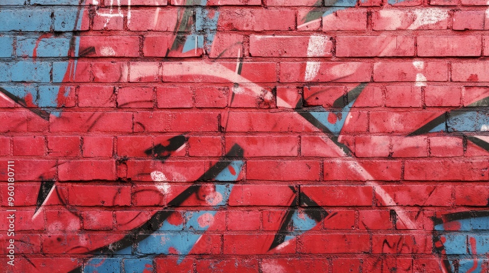 Red graffiti on an urban brick wall, expressing creativity, rebellion ...