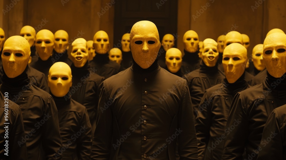 A group of men wearing yellow masks and black outfits stands in ...
