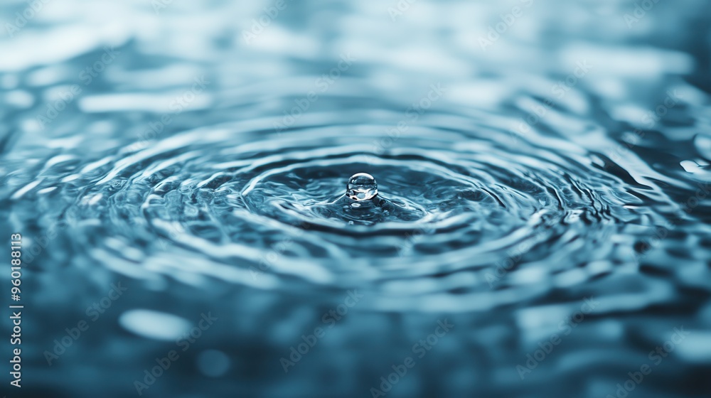 A close-up image showcasing a single water droplet making contact with a water surface, causing ...