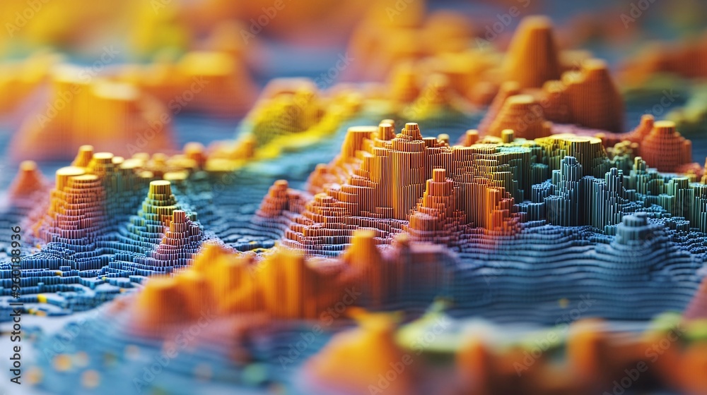 A close-up of a 3D financial heatmap with color-coded data points and ...