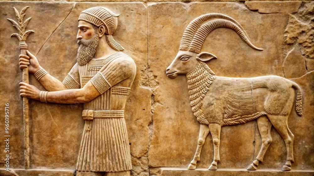 Historical Assyrian relief of a farmer with a goat in Pergamon Museum ...