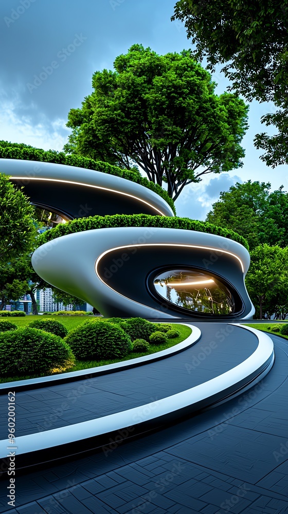 A modern architectural design features smooth curves and lush greenery ...