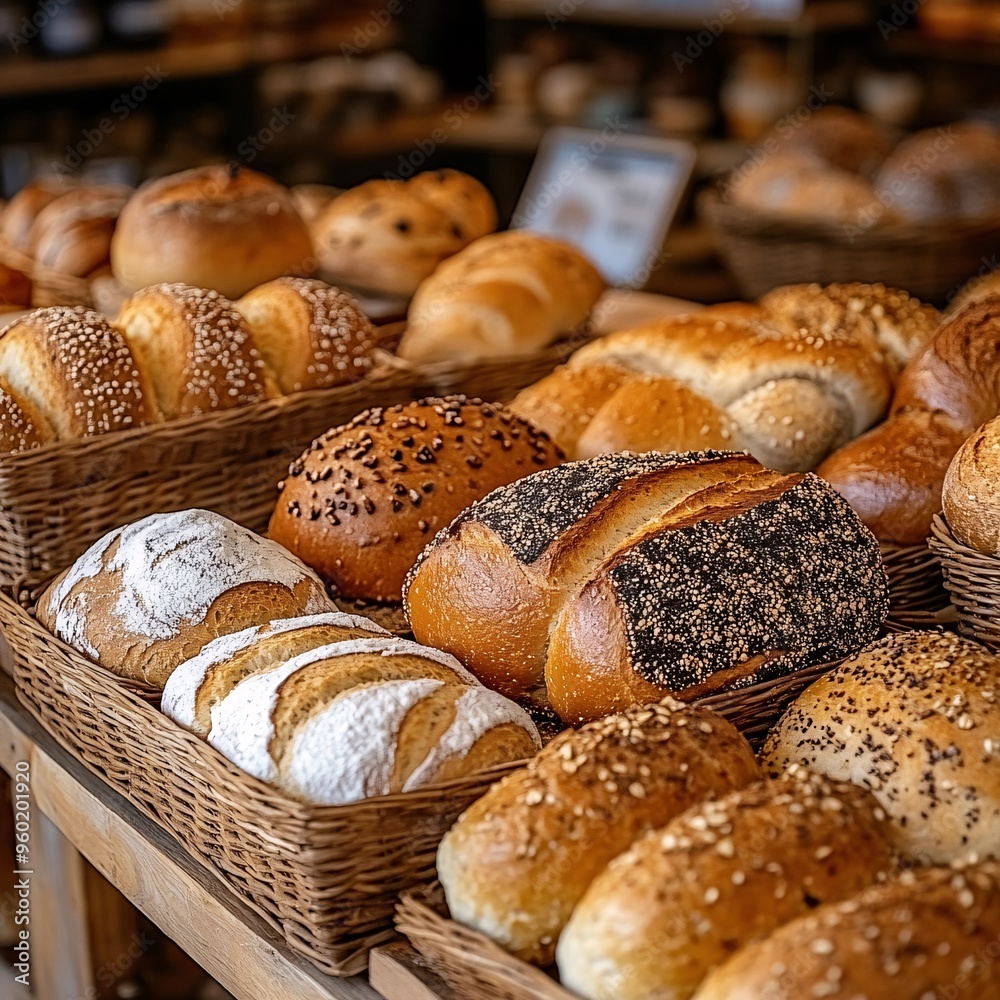 Assorted fresh breads with different toppings arranged in wicker ...