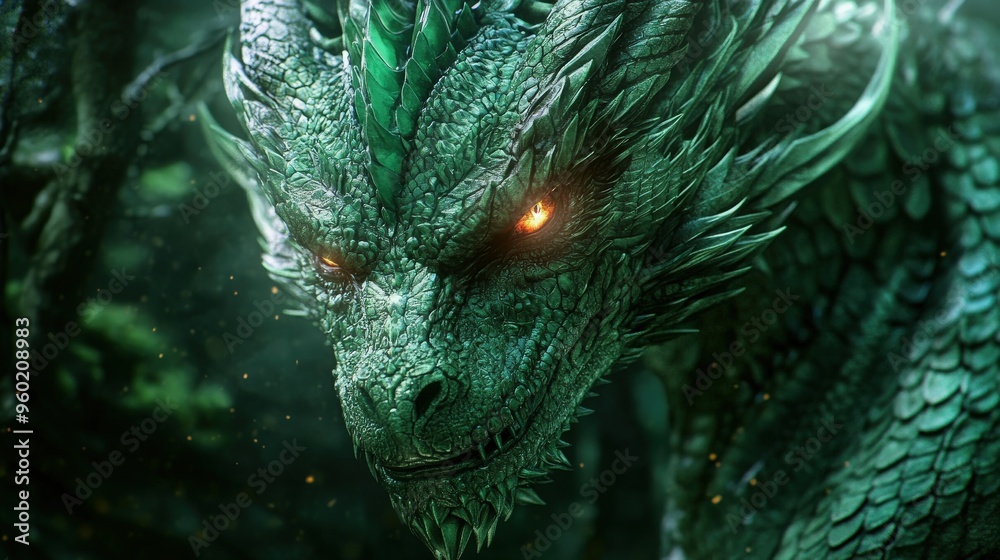 Close-up portrait of a powerful green dragon with intricate scales and ...