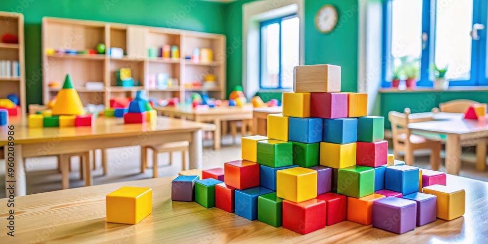 Colorful building blocks on a table in a kindergarten classroom Stock ...