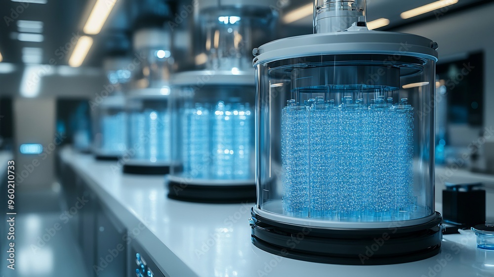 Futuristic biotech lab with bioreactors cultivating cells for tissue ...