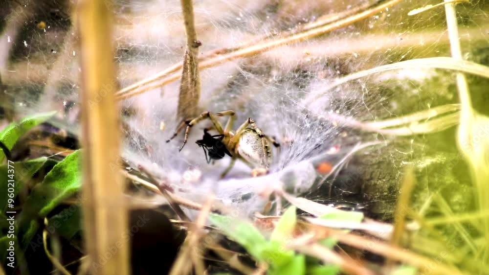 A spider attacks and paralyses a black ant. A wolf spider (Lycosidae ...