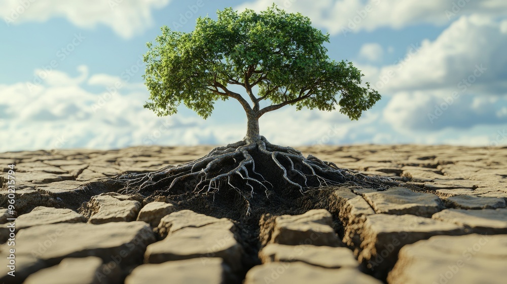Digital art of a 3D tree transforming a dry, cracked earth into a ...