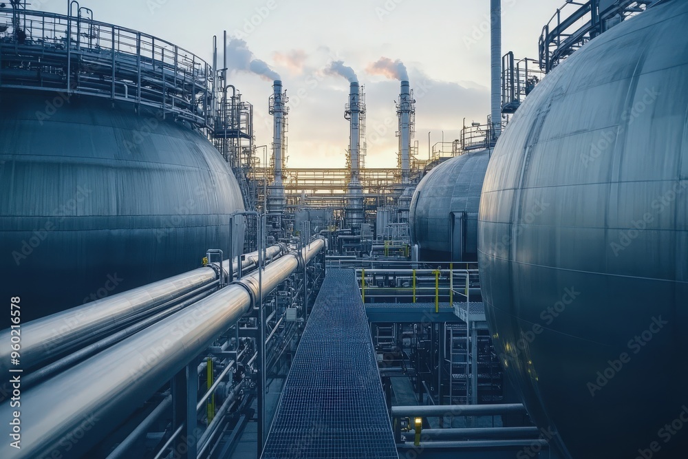 Hydrogen energy facility featuring large steel tanks and complex piping ...