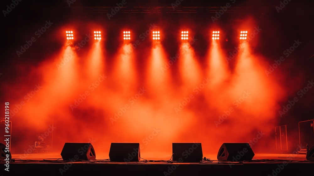 Concert stage with intense spotlights, light flares and smoke effects ...