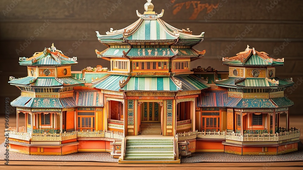 40. A 3D paper art depiction of a Chinese imperial palace, featuring ...