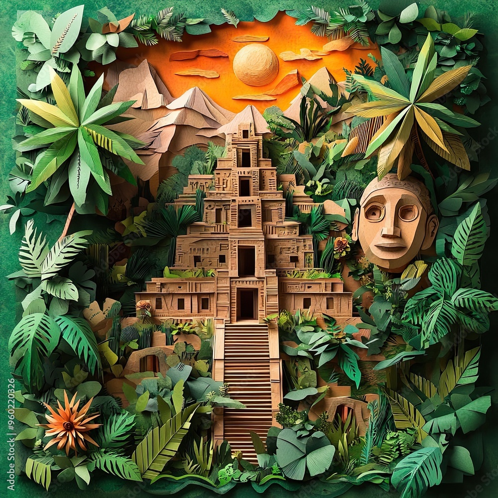 39. A 3D paper art scene with South American ancient ruins, featuring intricate paper-crafted ...