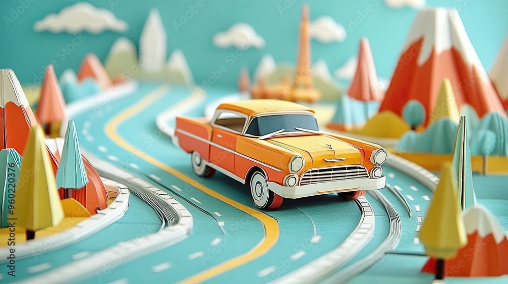 38. A 3D paper art creation with an American road trip theme, featuring ...