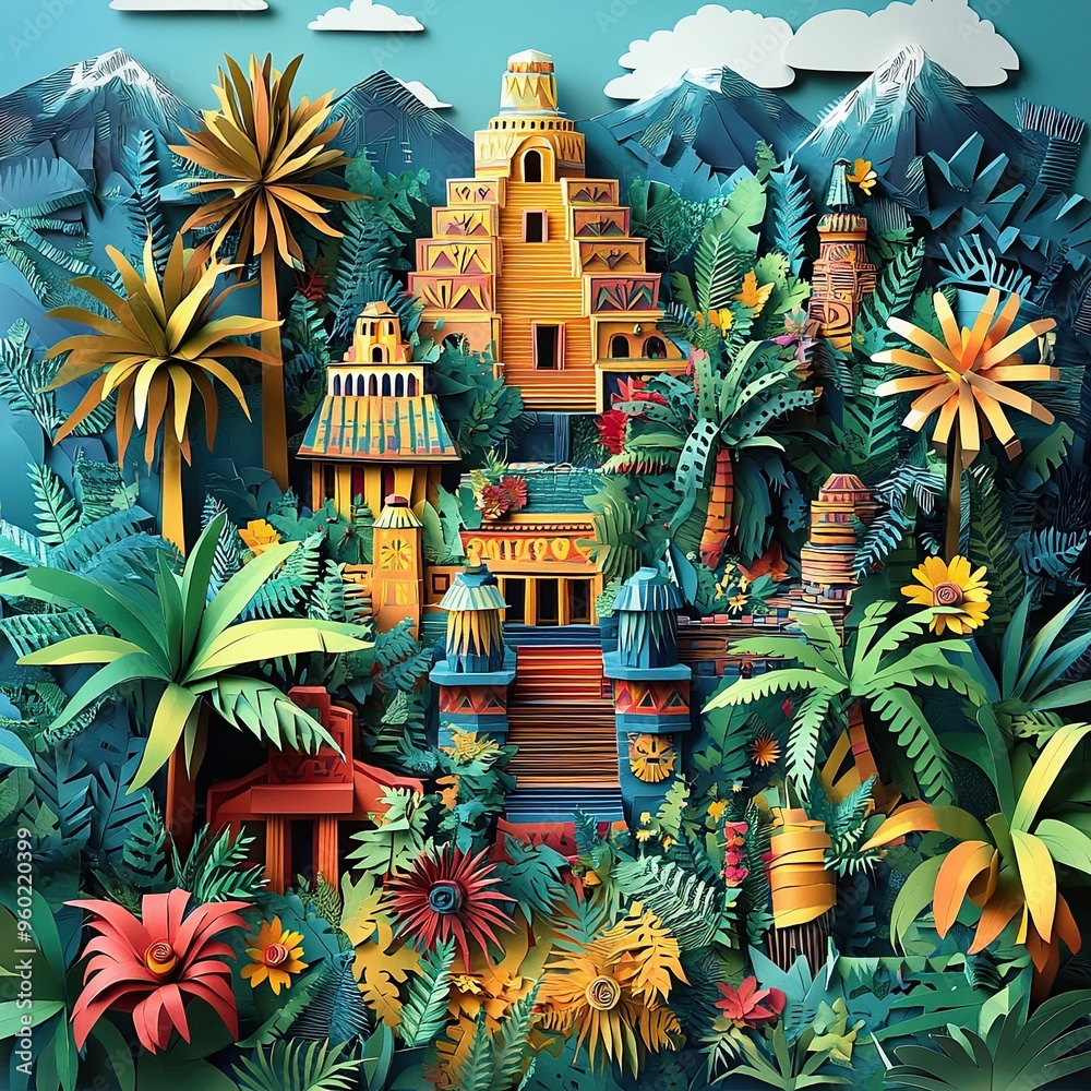 39. A 3D paper art scene with South American ancient ruins, featuring ...