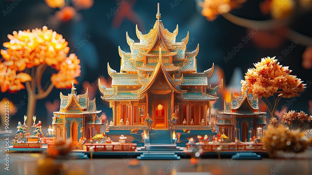 19. A 3D paper art scene with a Thai-inspired temple festival ...
