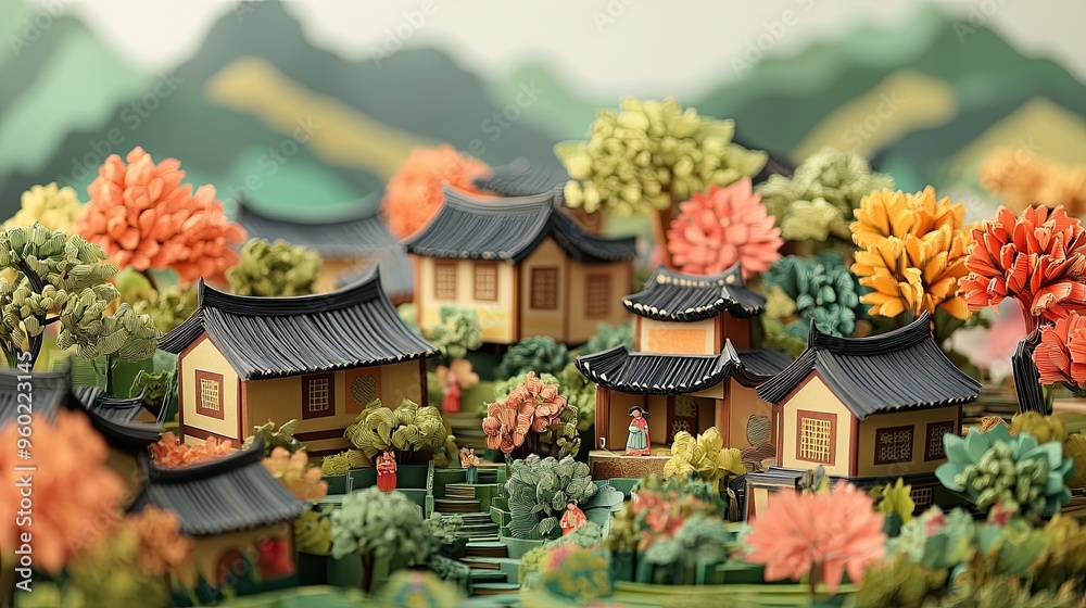 2. A 3D paper art depiction of a Korean-inspired village with ...