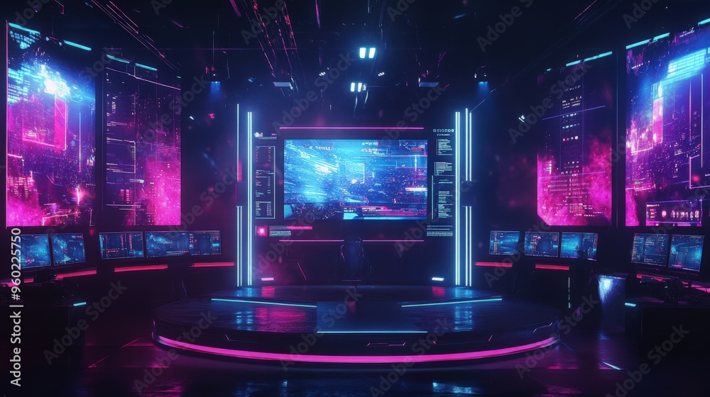 Neon-themed interface for a live conference featuring esports players ...