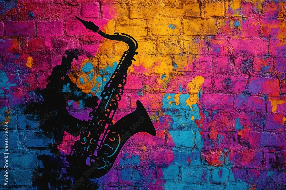 Vibrant street art featuring a saxophone silhouette, with splashes of ...