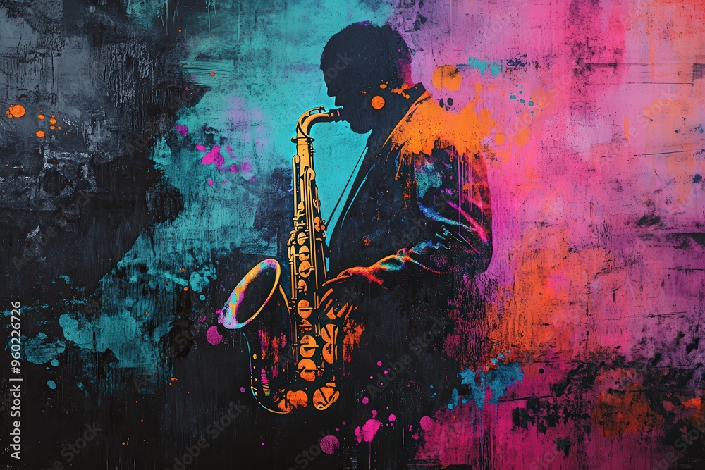 Vibrant street art featuring a saxophone silhouette, with splashes of ...