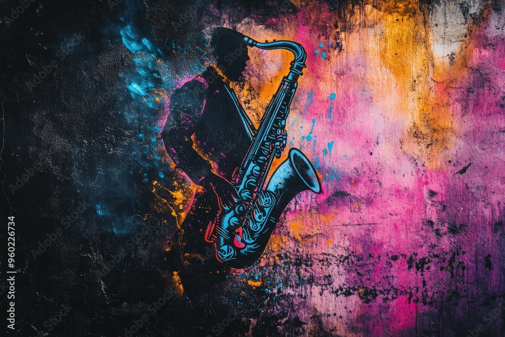 Vibrant street art featuring a saxophone silhouette, with splashes of ...