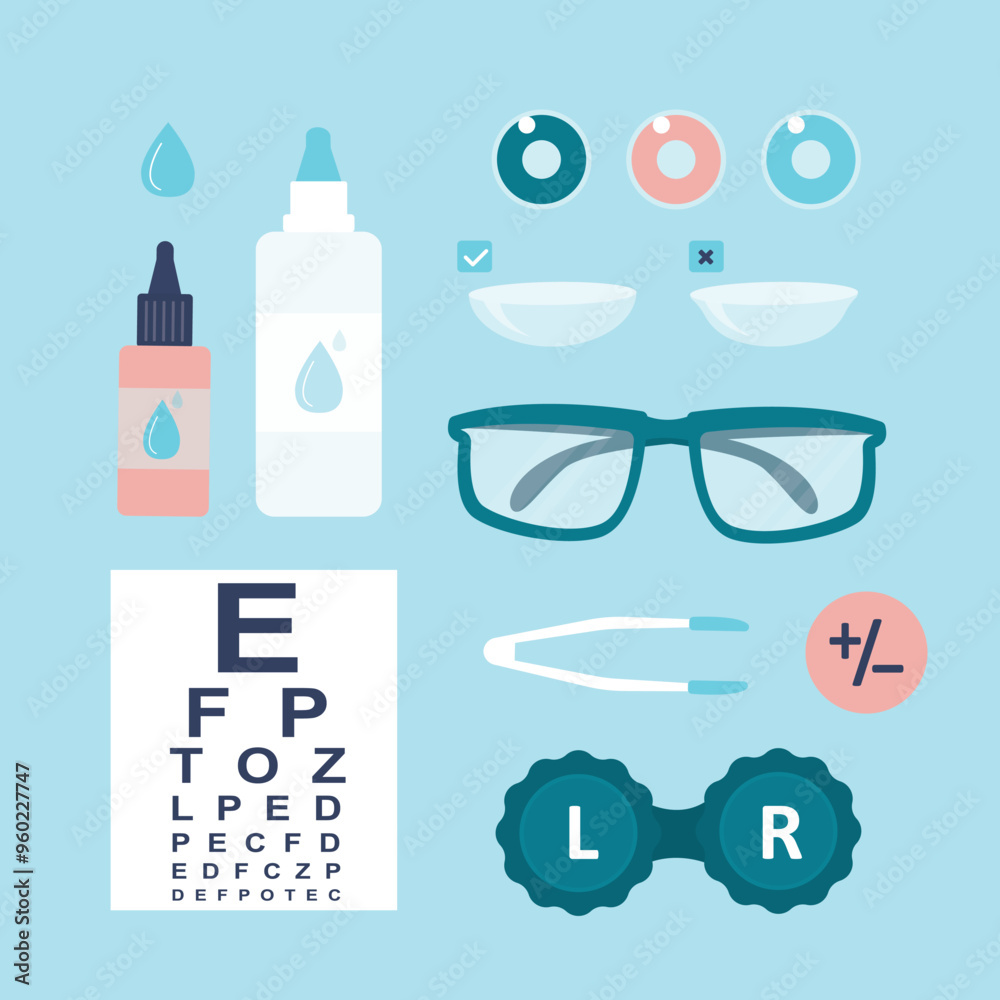Set of tools and elements of ophthalmology. Medical eyecare items set ...