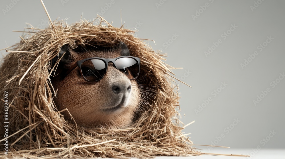 cute fat Capybara Furry in the nature wearing sunglasses. Ready to ...