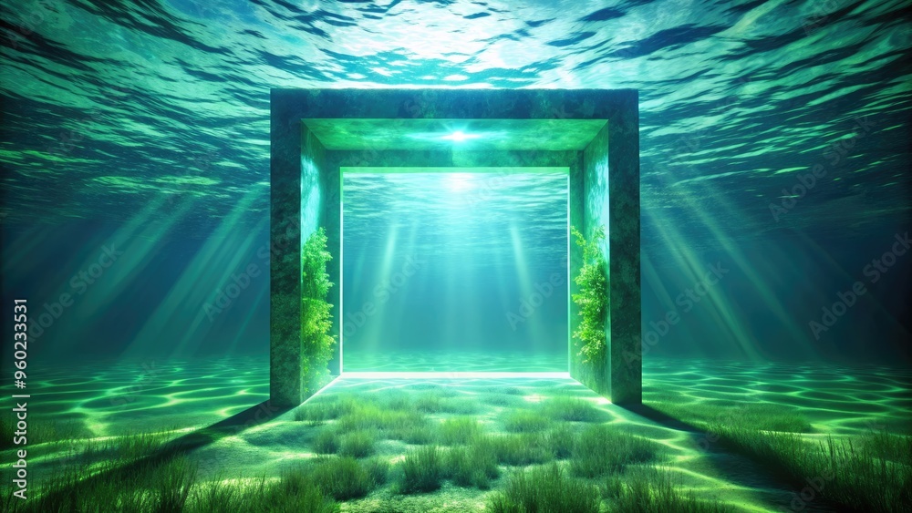 Vibrant green square portals in a -rendered underwater world , surreal ...