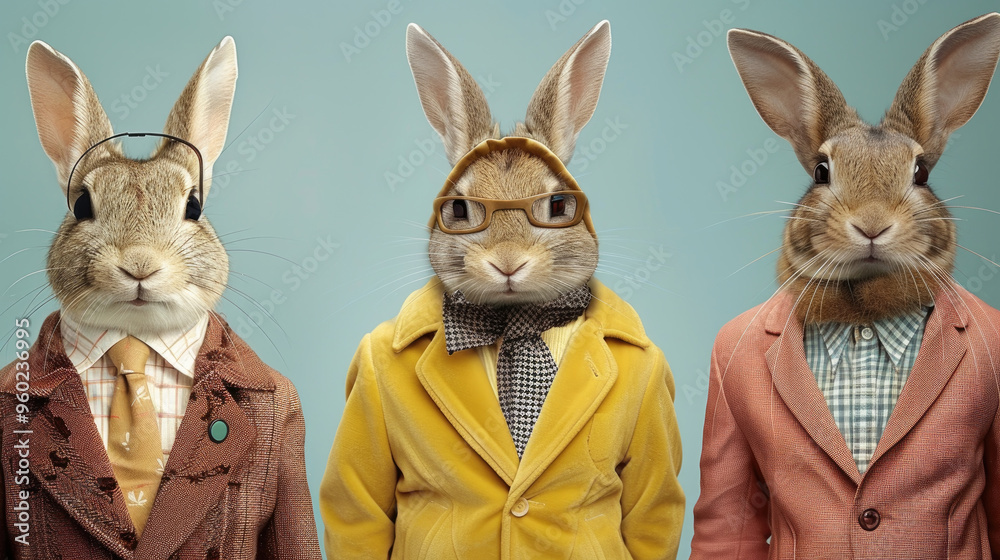 Three anthropomorphic rabbits wear colorful suits and glasses, posing ...