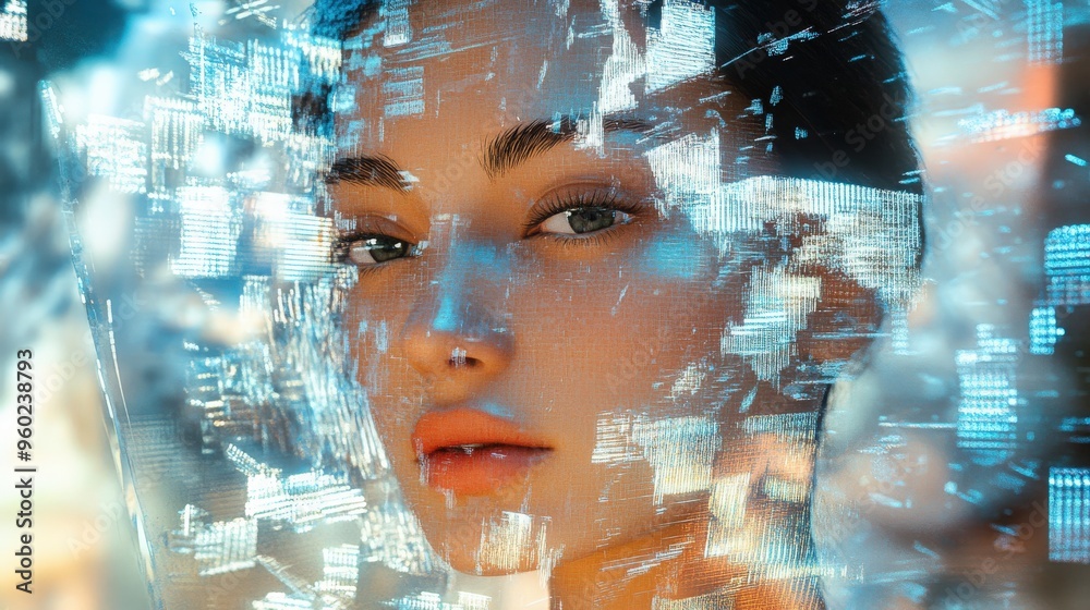 Broken image, diffracted through pixelated glass, of a CGI woman, that ...