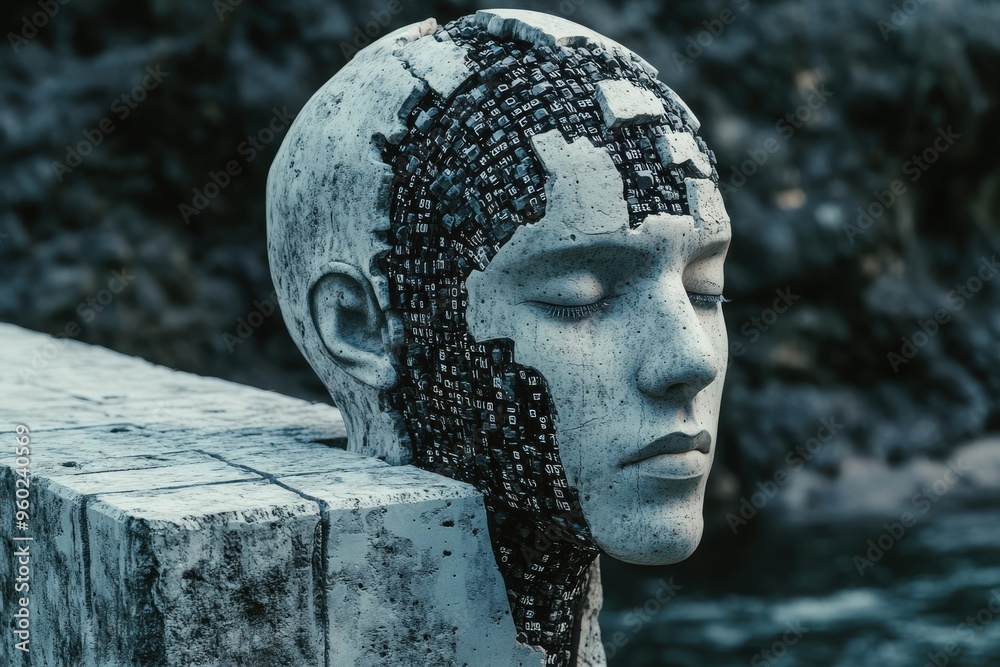 Sliced and halved 3d cyborg head made of concrete connected with a concrete bridge and binary ...