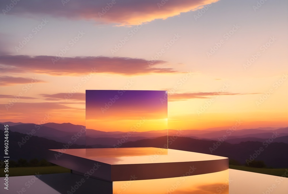 Pedestal, steps and shelf. Stand base mockup. Palm trees leaves topical ...