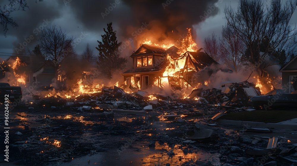 A night scene capturing the aftermath of a natural gas explosion, with ...