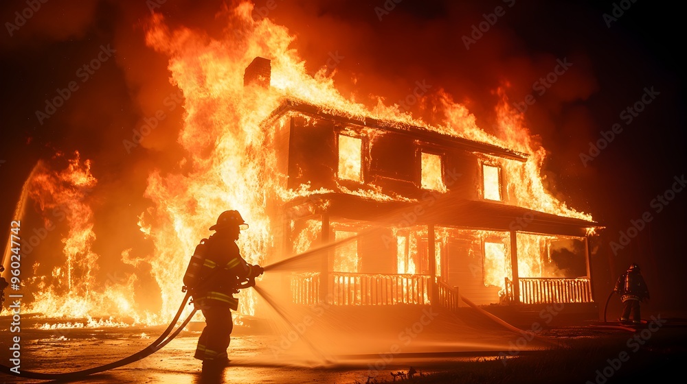 A two-story house ablaze under a dark sky, with firemen battling the ...
