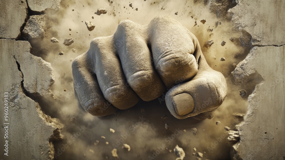 05092216 01 Marble fist punching through stone wall, three-dimensional ...