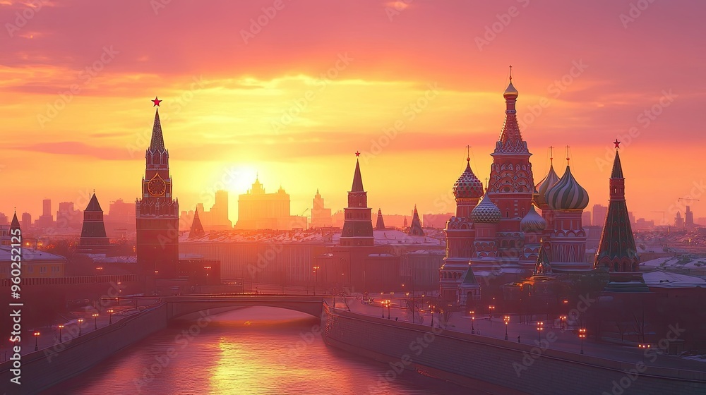 Moscow skyline at sunset with iconic Kremlin towers and St. Basil's ...