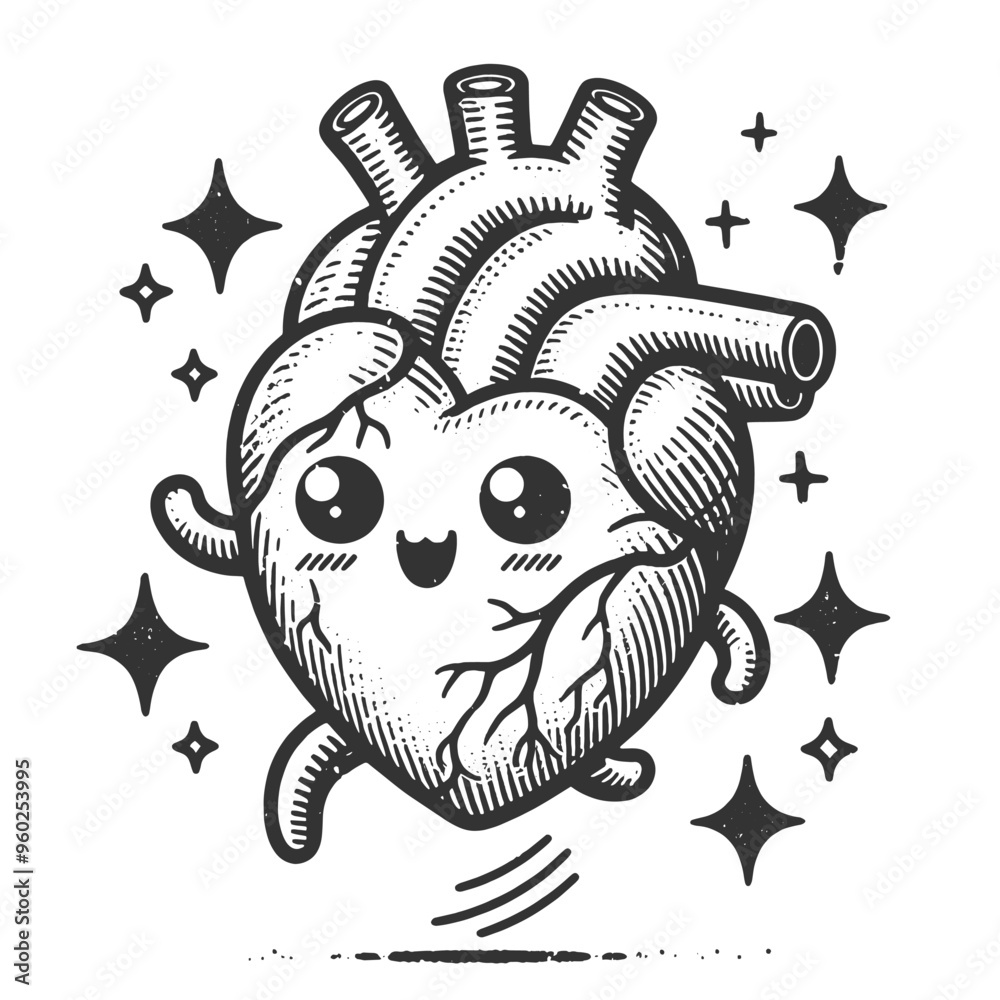 Kawaii heart cartoon character walking confidently, with a winking face ...