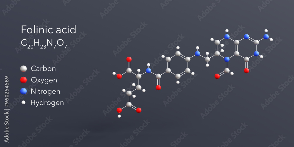 folinic acid molecule 3d rendering, flat molecular structure with ...