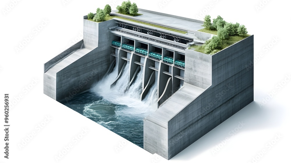 Cross-Sectional Diagram of Hydroelectric Dam Showcasing Internal ...