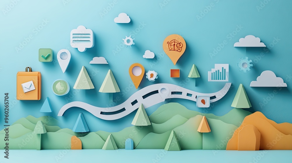7. A detailed 3D paper cut art illustration of a business plan roadmap ...
