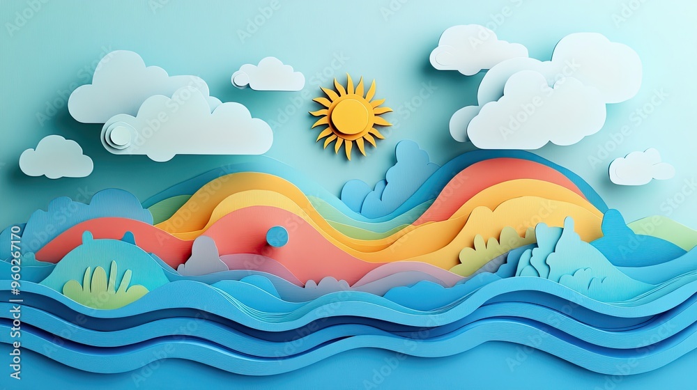 18. A 3D paper cut illustration of a weather map, showing layered paper ...