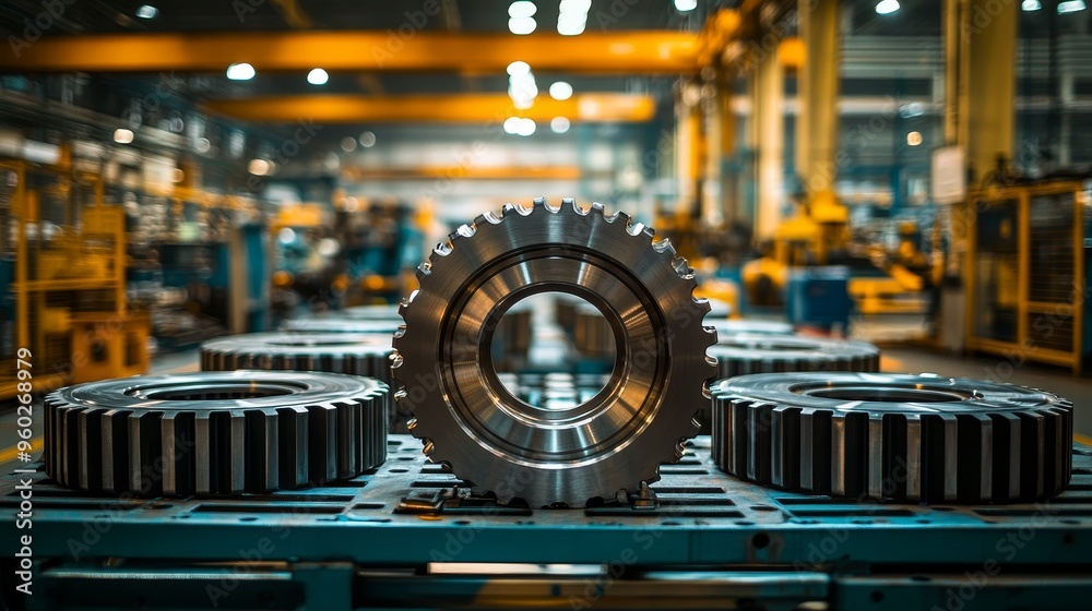 Heavy-duty machinery parts organized on a pallet in a large-scale ...