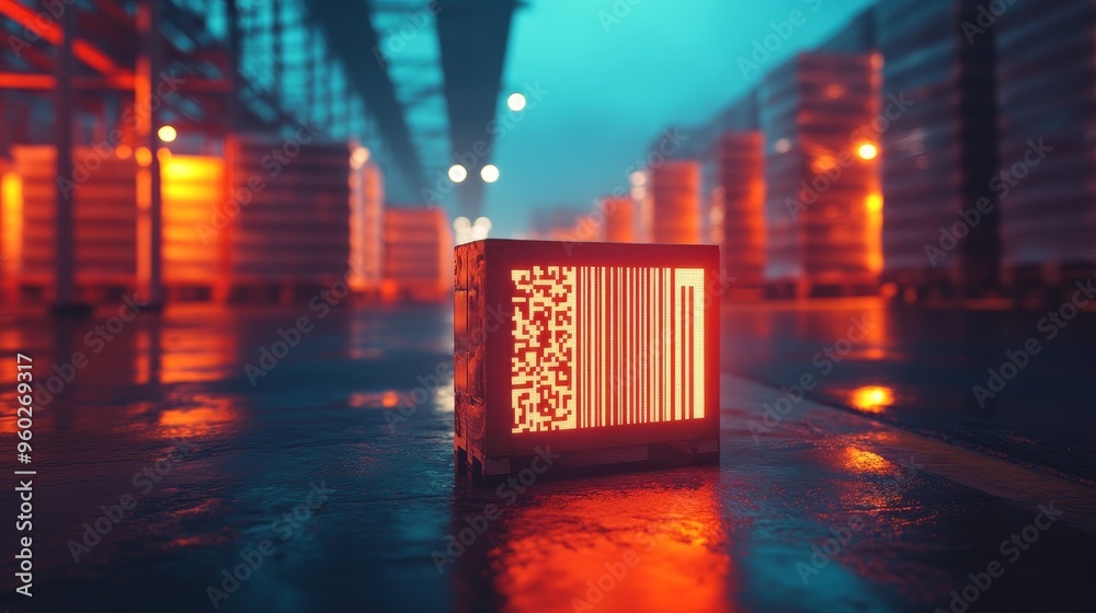 High-resolution image of a barcode on a pallet in a warehouse ...