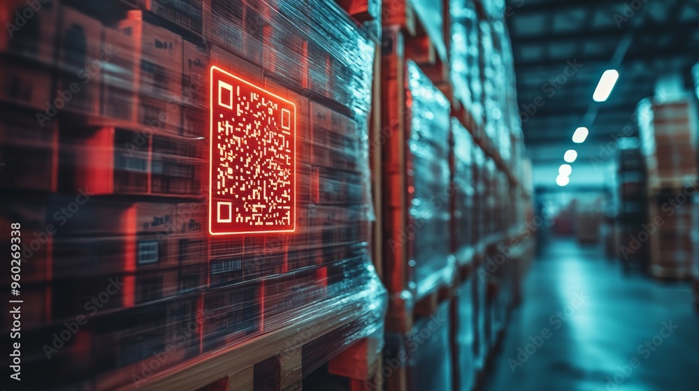 High-resolution image of a barcode on a pallet in a warehouse ...