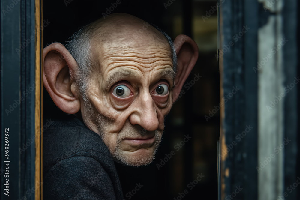 Funny image of a nosy neighbor - curios old man with very big ears ...